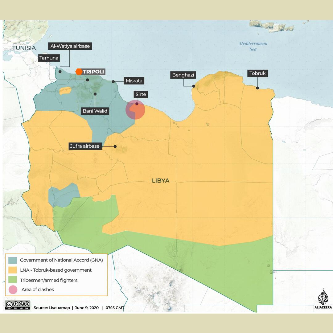 Map detailing Libyan frontlines and zones of control as of June 9, 2020.
